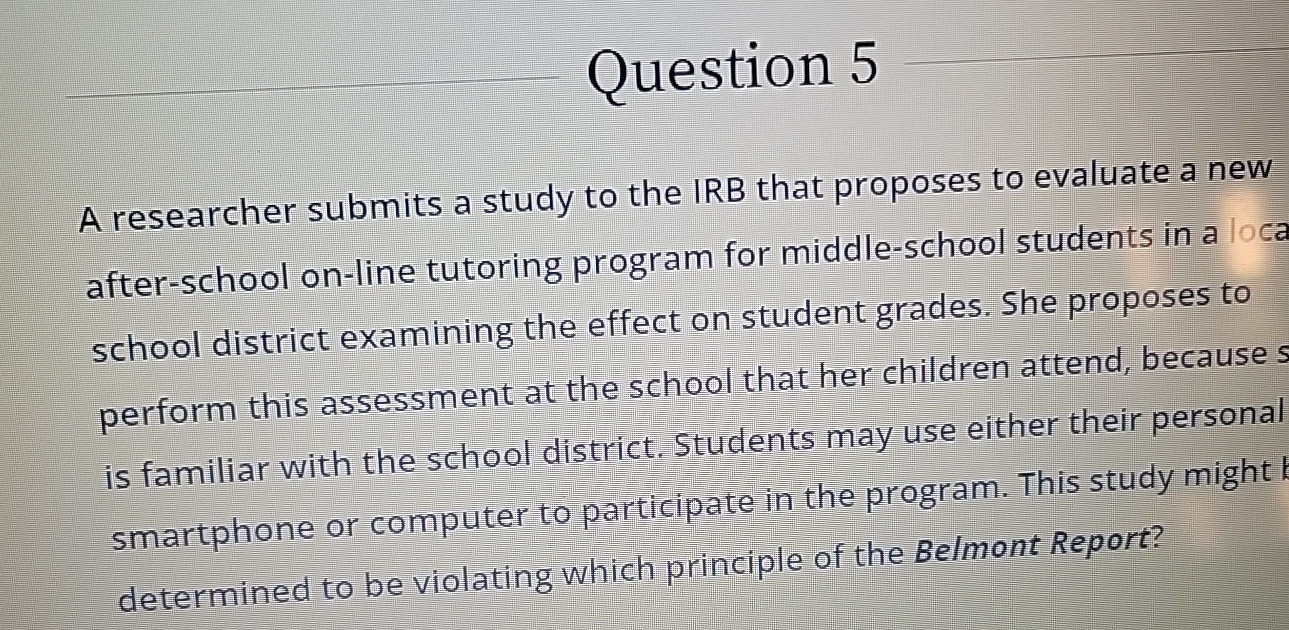 Solved Question 5A researcher submits a study to the IRB | Chegg.com