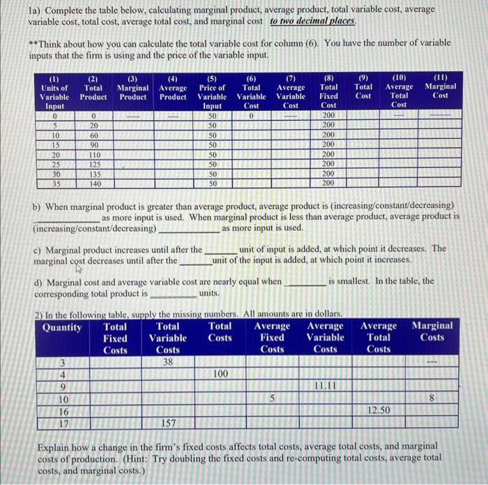 Solved 1a) Complete the table below, calculating marginal | Chegg.com
