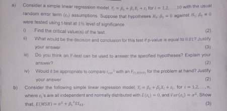 Solved a) ﻿Consider a simple linear regression model, | Chegg.com
