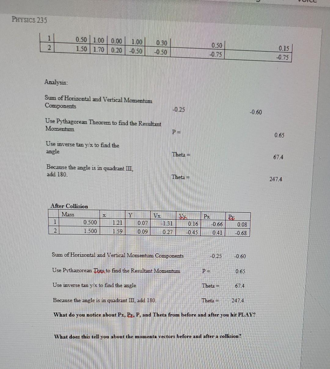 PHYSICS 235 VIRTUAL COLLISIONS LAB OBJECTIVES | Chegg.com