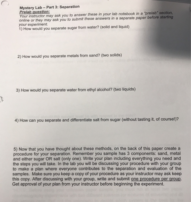 Solved Mystery Lab - Part 3: Separation Prelab question: | Chegg.com
