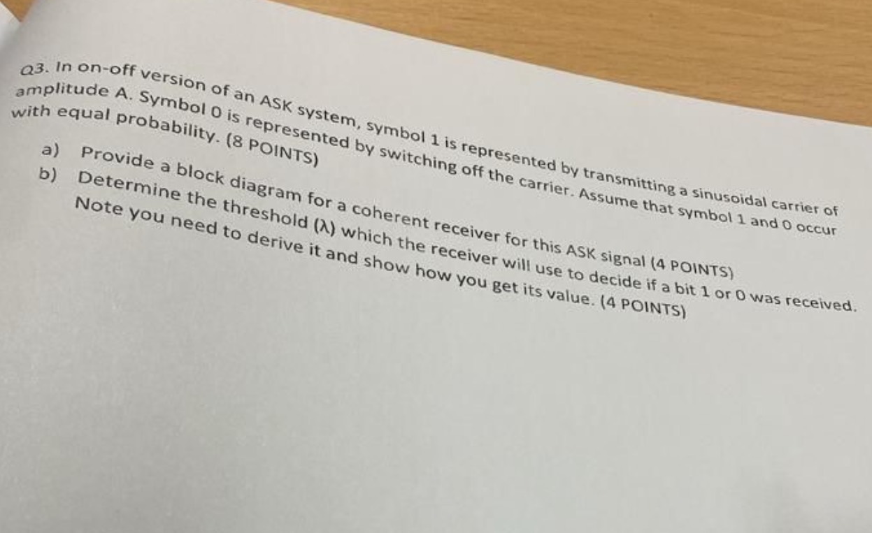 Solved Q3. ﻿In on-off version of an ASK system, symbol 1 ﻿is | Chegg.com