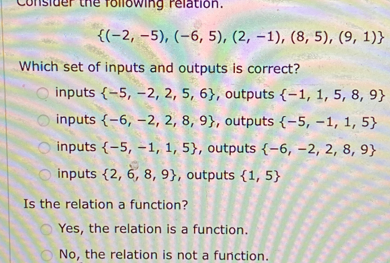 Solved {(-2,-5),(-6,5),(2,-1),(8,5),(9,1)}Which set of | Chegg.com