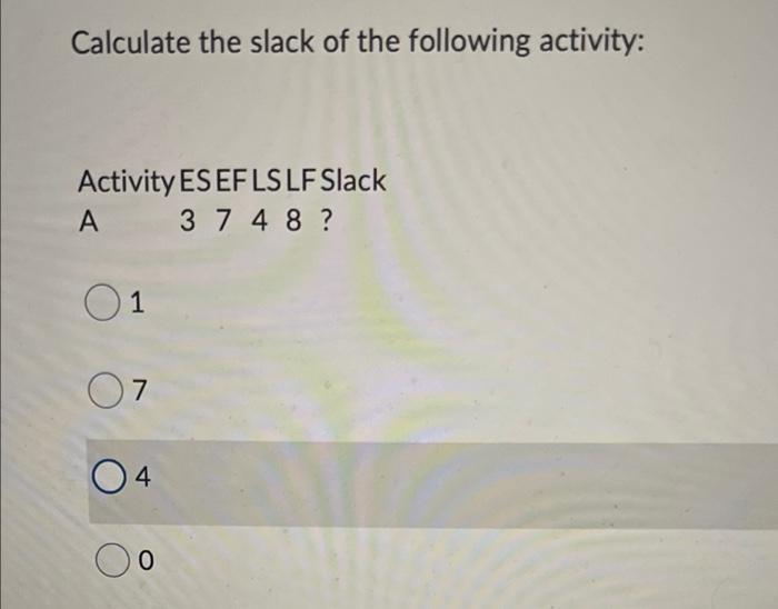 Solved Calculate the slack of the following activity: | Chegg.com