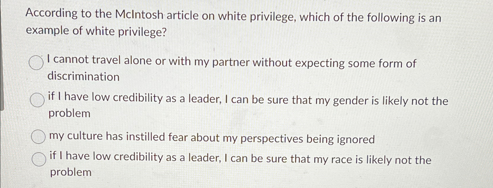 Solved According to the McIntosh article on white privilege, | Chegg.com