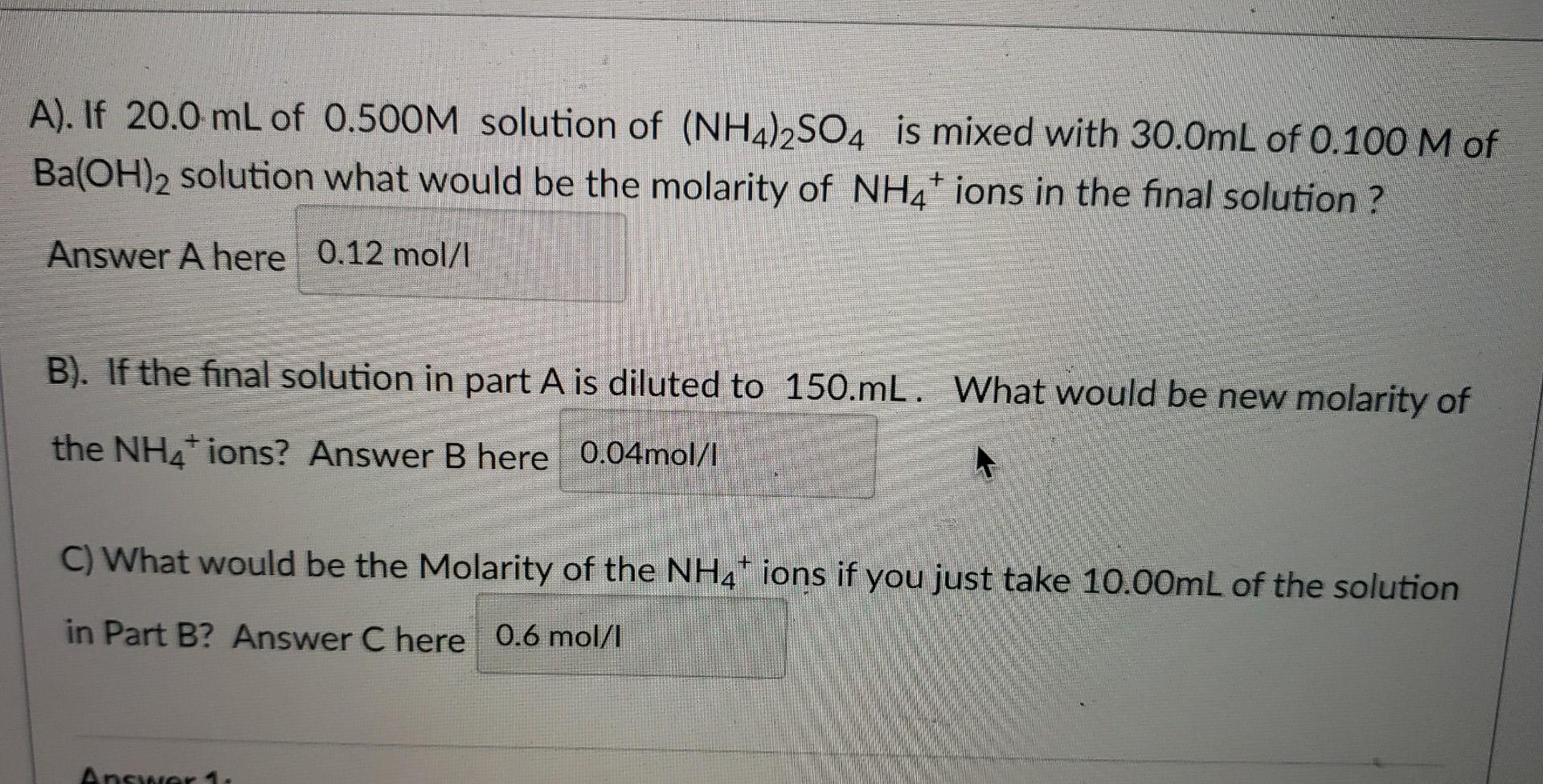 Solved A). If 20.0 mL of 0.500M solution of (NH4)2SO4 is | Chegg.com