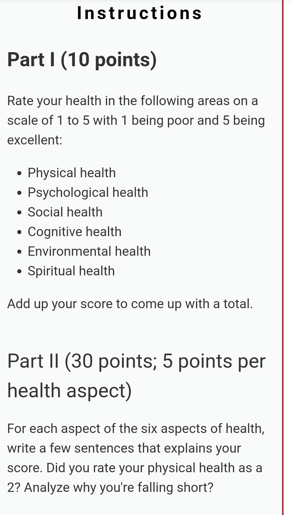 Solved Instructions Part I (10 points) Rate your health in | Chegg.com