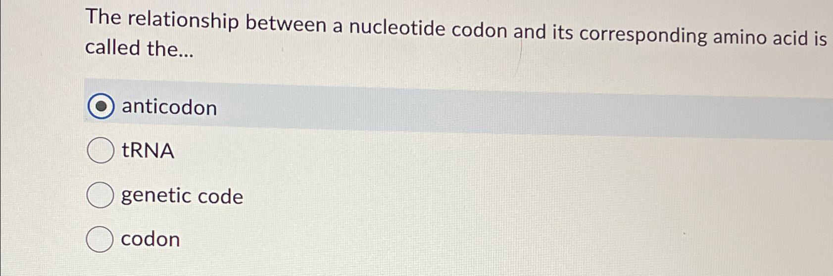 Solved The relationship between a nucleotide codon and its | Chegg.com