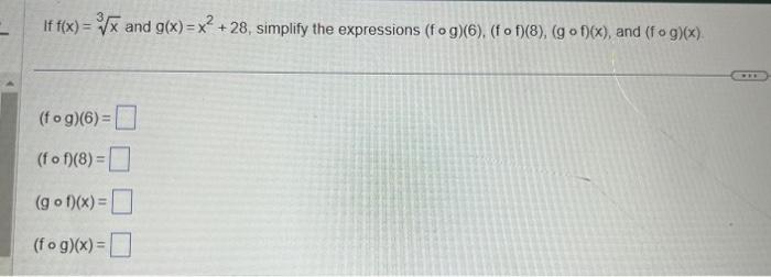 Solved If f(x)=√x and g(x)=x² +28, simplify the expressions | Chegg.com