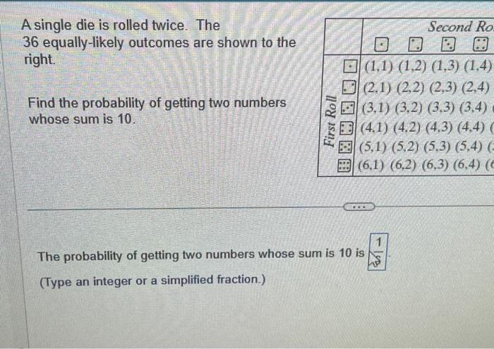 Solved A single die is rolled twice. The 36 equally-likely | Chegg.com