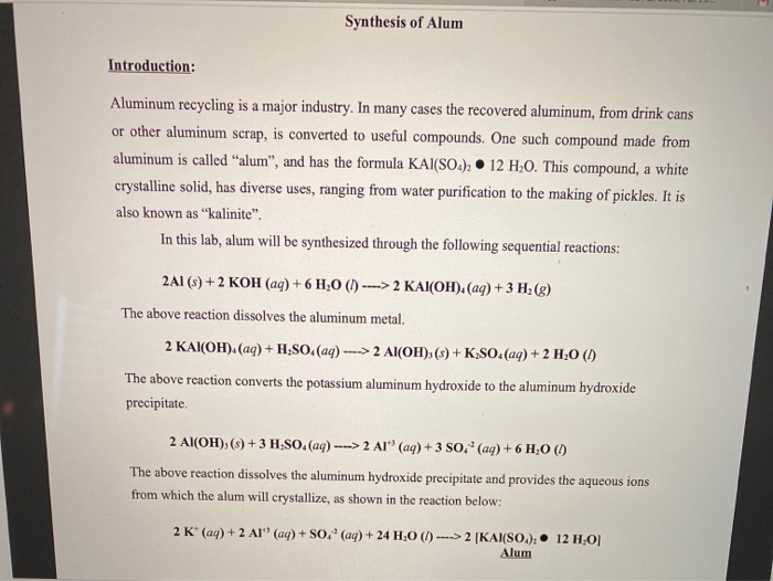 Solved Synthesis of Alum Introduction: Aluminum recycling is | Chegg.com
