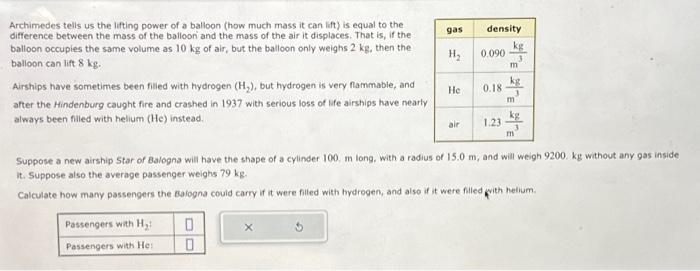 Solved Archimedes tells us the lifting power of a balloon | Chegg.com