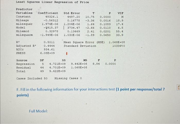 Solved Least Squares Linear Regression of Price F. Fill in | Chegg.com