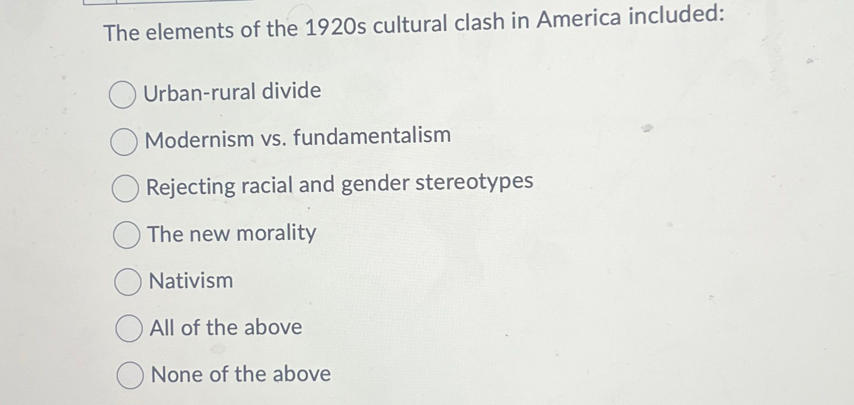 Solved The elements of the 1920 ﻿s cultural clash in America | Chegg.com