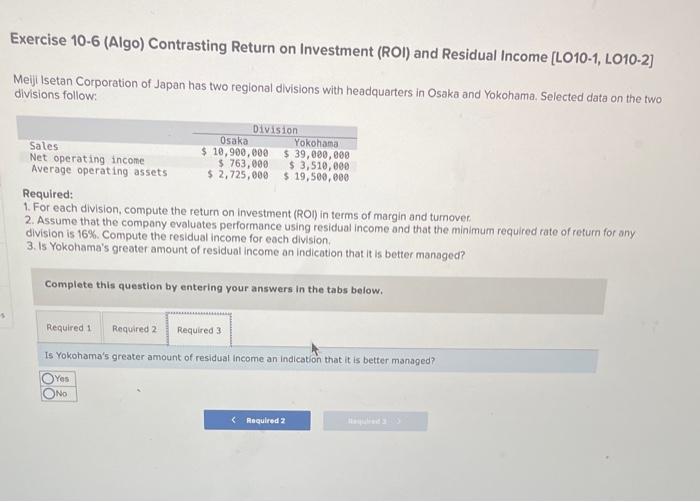 Solved Exercise 10-6 (Algo) Contrasting Return on Investment | Chegg.com
