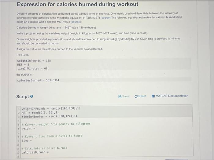 Solved Expression For Calories Burned During Workout 