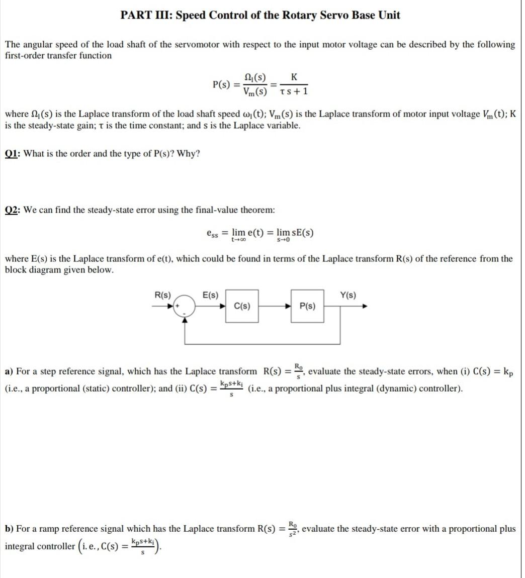 Solved PART III: Speed Control of the Rotary Servo Base Unit | Chegg.com