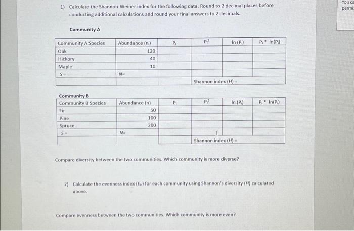 1 Calculate The Shannon Weiner Index For The