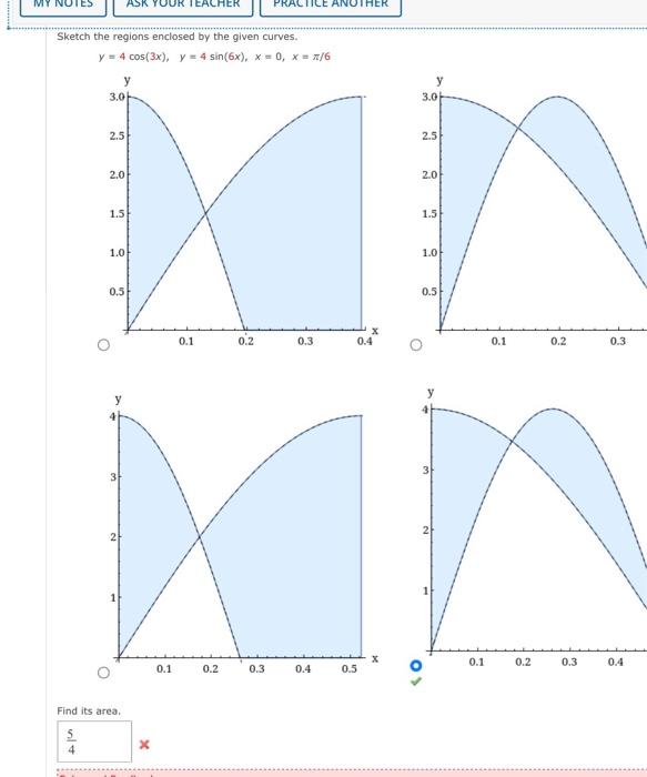 Solved y=4cos(3x),y=4sin(6x),x=0,x=π/6 | Chegg.com
