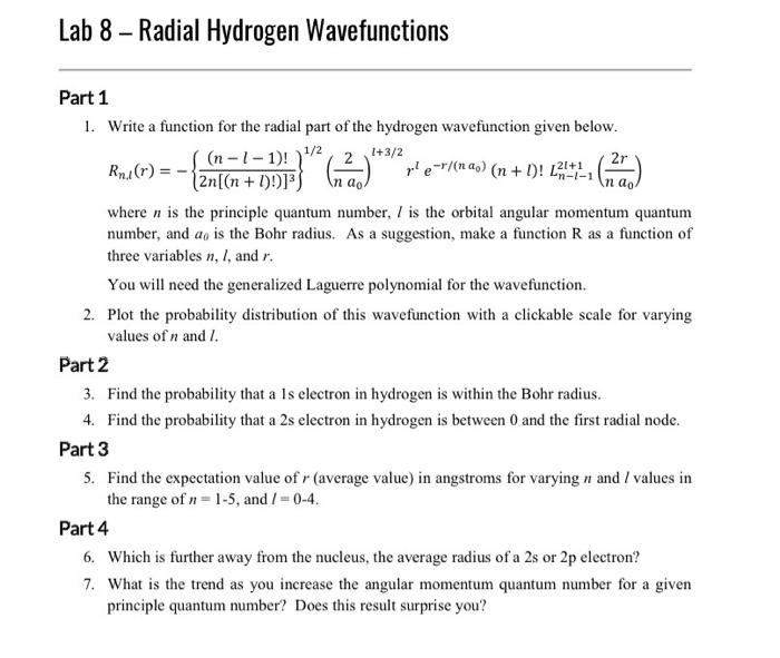 Solved Lab 8 - Radial Hydrogen Wavefunctions Part 1 1. Write | Chegg.com