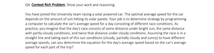 Solved Q4. Context Rich Problem. Show your work and | Chegg.com