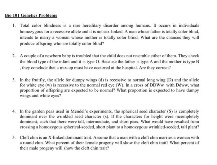 Solved 1. Total color blindness is a rare hereditary | Chegg.com