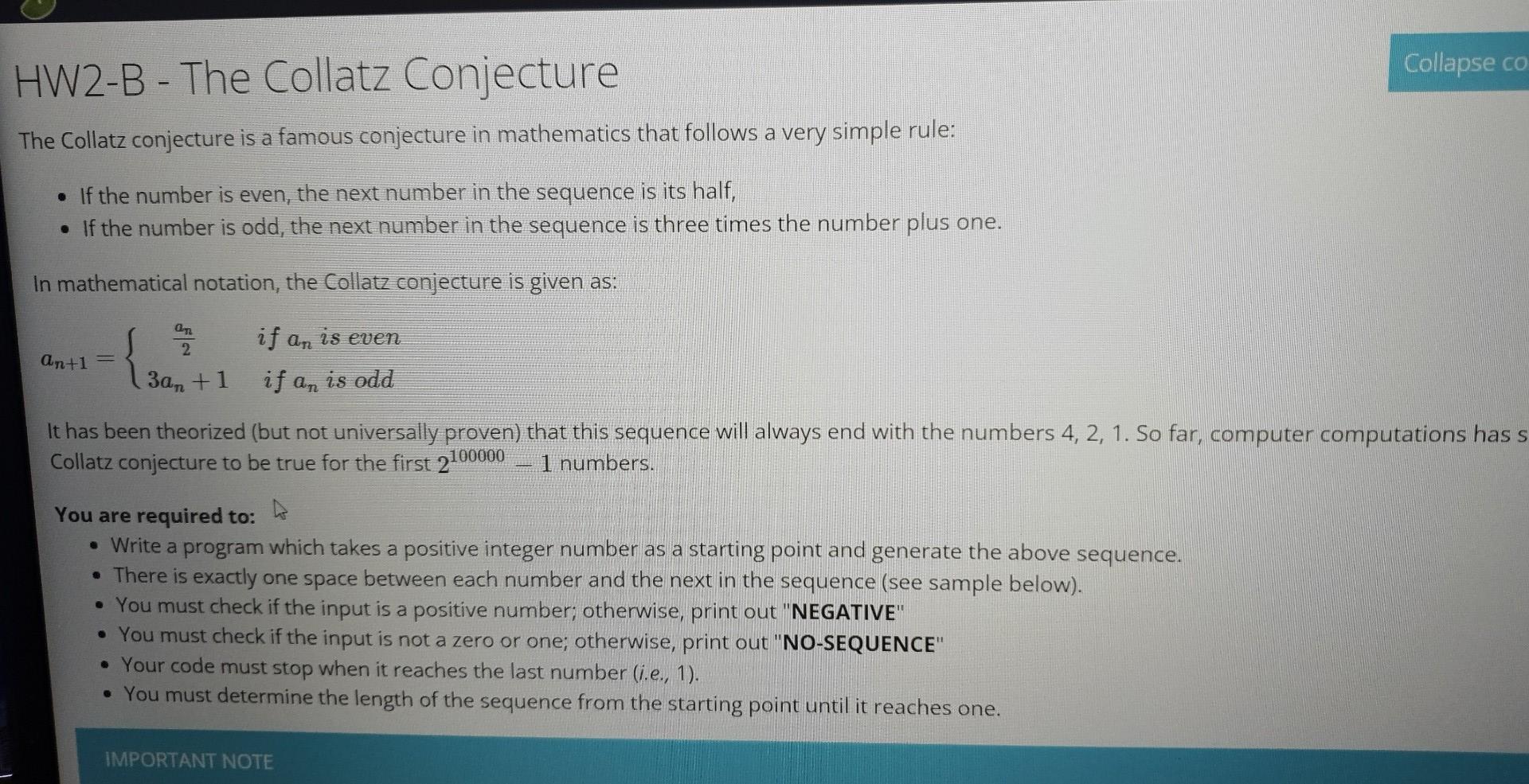 Solved HW2-B - The Collatz Conjecture Collapse co The | Chegg.com