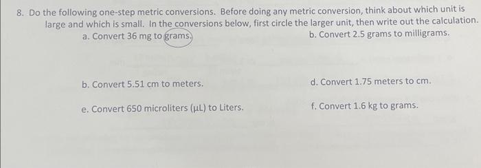 Solved 8. Do the following one-step metric conversions. | Chegg.com