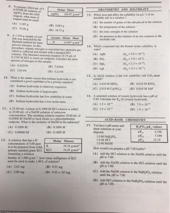 Solved Molar Mass AgNO, 169.87 g-mol 8. To prepare 250.0 mL | Chegg.com