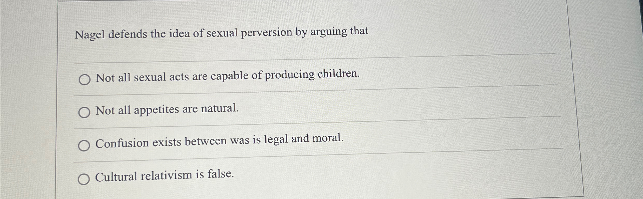 Solved Nagel defends the idea of sexual perversion by | Chegg.com