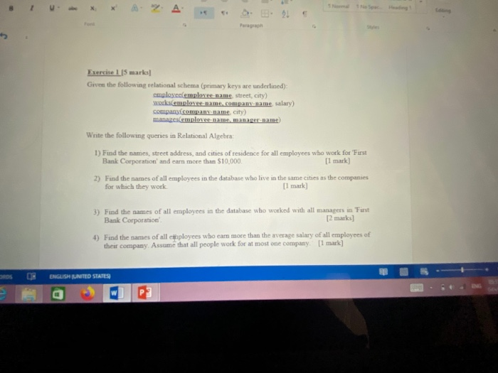 Solved P Exercise 115 marks] Given the following relational | Chegg.com