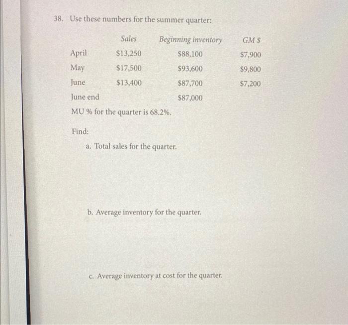 Solved 38. Use these numbers for the summer quarter: Sales | Chegg.com
