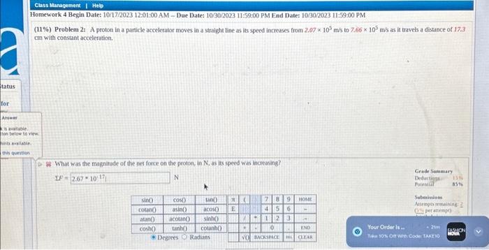 Solved 11\%) Problem 2: A proton in a particle accelerator | Chegg.com