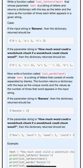 Solved Write a function called list_letters (text) that | Chegg.com