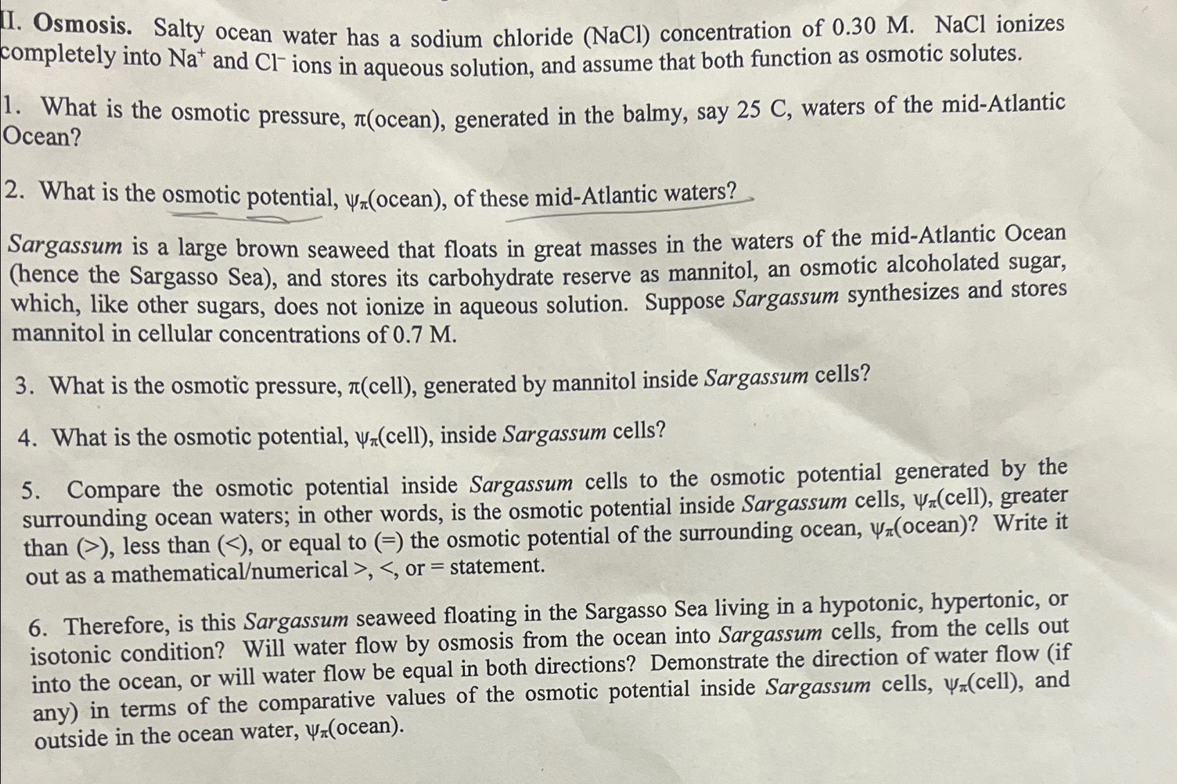Solved II. ﻿Osmosis. Salty ocean water has a sodium chloride | Chegg.com