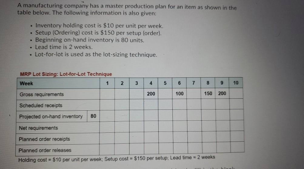 Solved A manufacturing company has a master production plan | Chegg.com