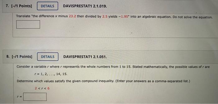 Solved 1-/1 Points] DETAILS DAVISPRESTAT1 6.3.014. Determine | Chegg.com