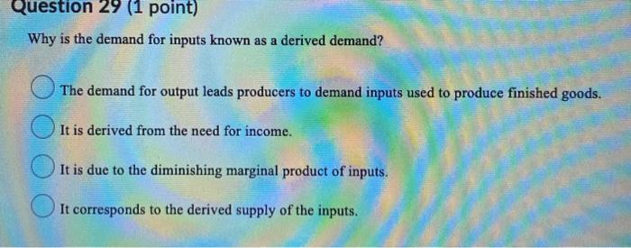 Solved Question 29 (1 point) Why is the demand for inputs | Chegg.com