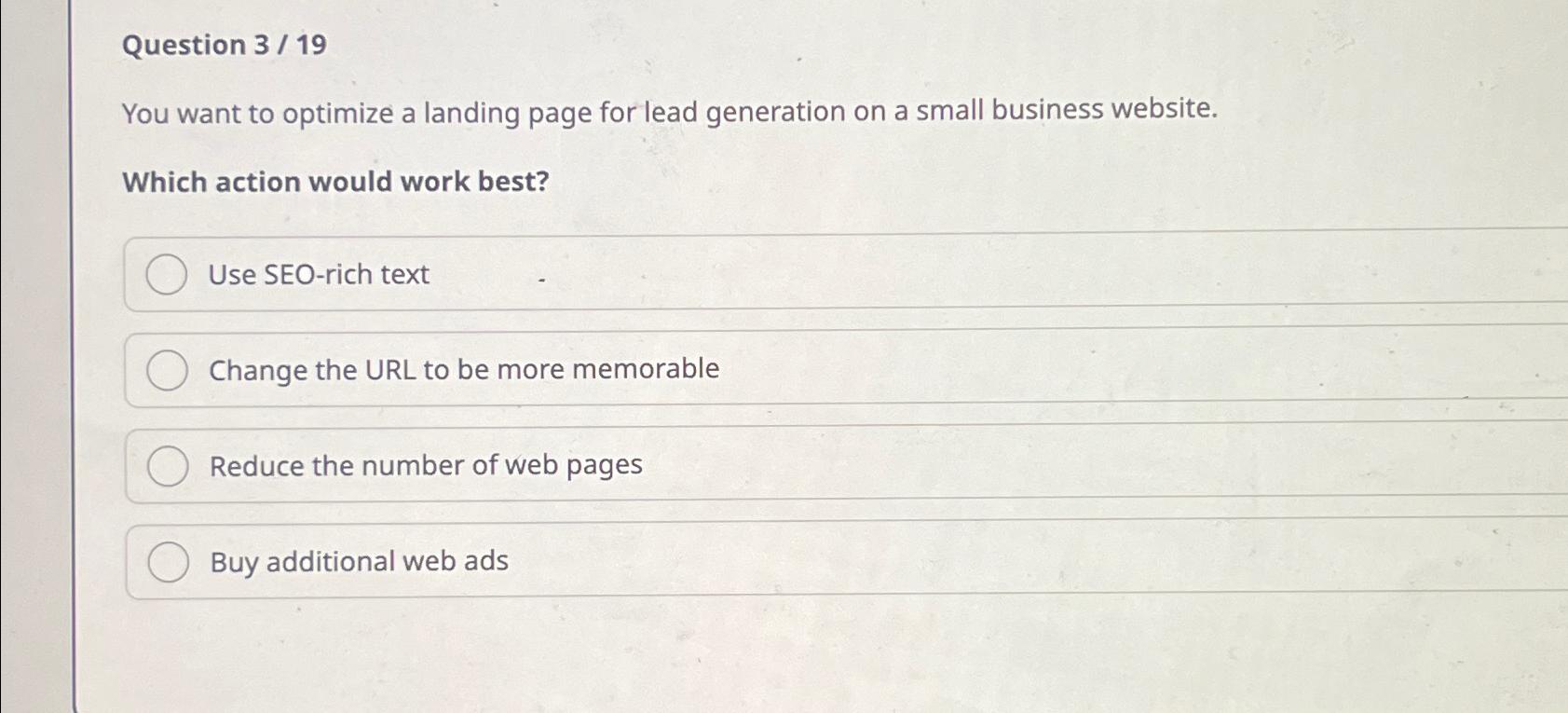 Solved Question 3 / 19You want to optimize a landing page | Chegg.com Solved Question 3 / 19You want to optimize a landing page | Chegg.com