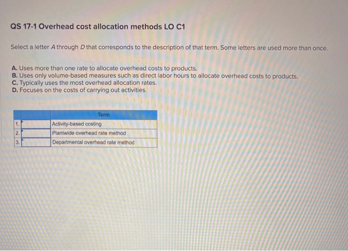 Solved QS 17-1 Overhead cost allocation methods LO C1 Select | Chegg.com