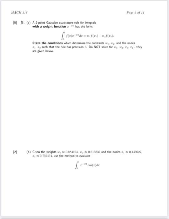 Solved 5] 9. (a) A 2-point Gaussian quadrature rule for | Chegg.com