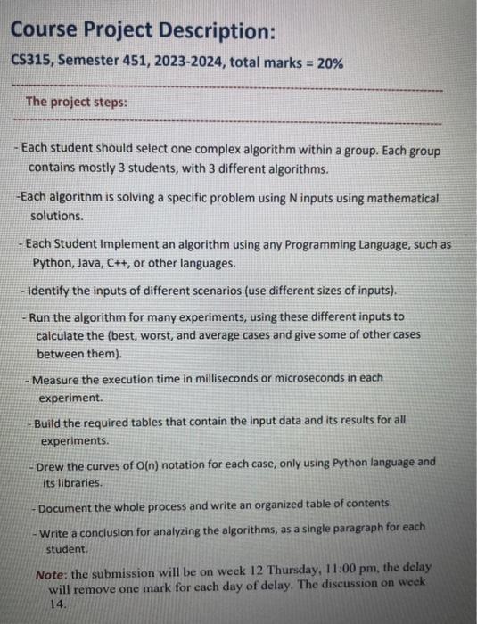 Solved Course Project Description: CS315, Semester 451, | Chegg.com