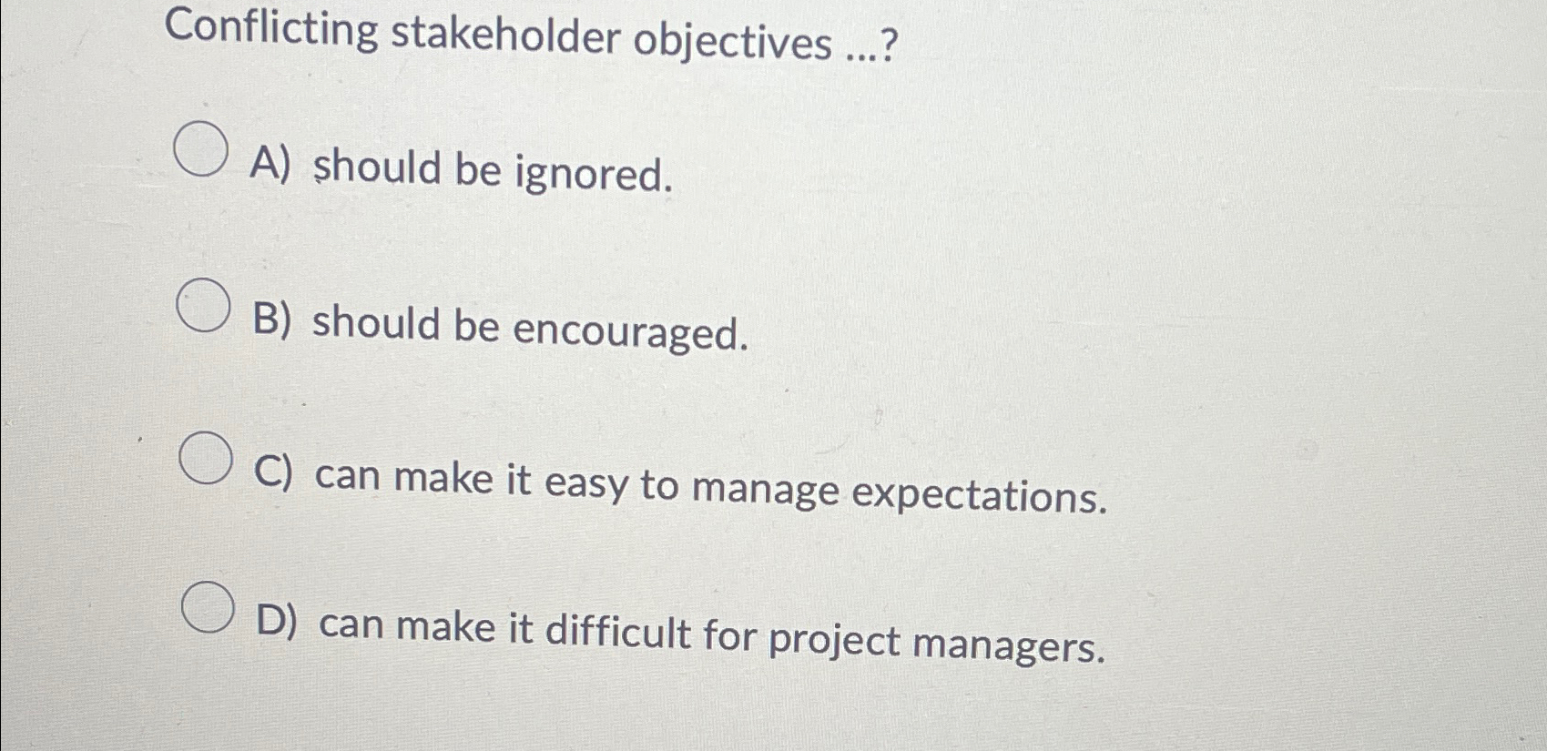 Solved Conflicting stakeholder objectives ...?A) ﻿should be | Chegg.com