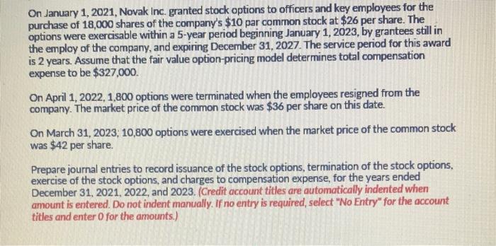 Solved On January 1, 2021, Novak Inc. granted stock options | Chegg.com