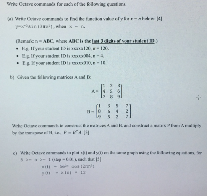 Solved Write Octave Commands For Each Of The Following