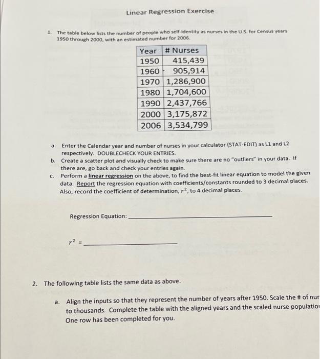 Solved Linear Regression Exercise 1. The table below lists | Chegg.com