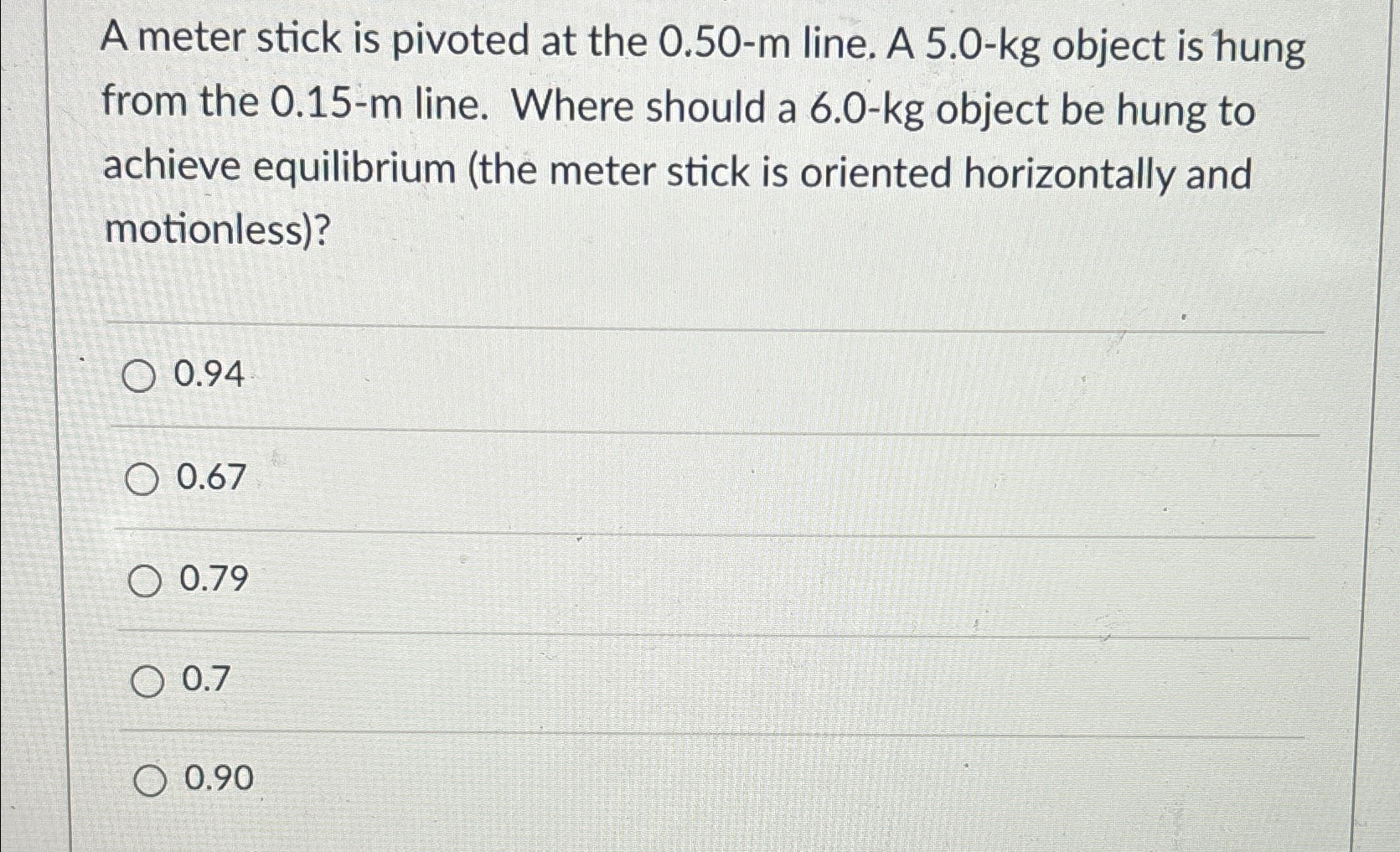Solved A meter stick is pivoted at the 0.50-m ﻿line. A | Chegg.com