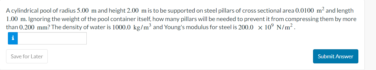 Solved A cylindrical pool of radius 5.00m ﻿and height 2.00m | Chegg.com