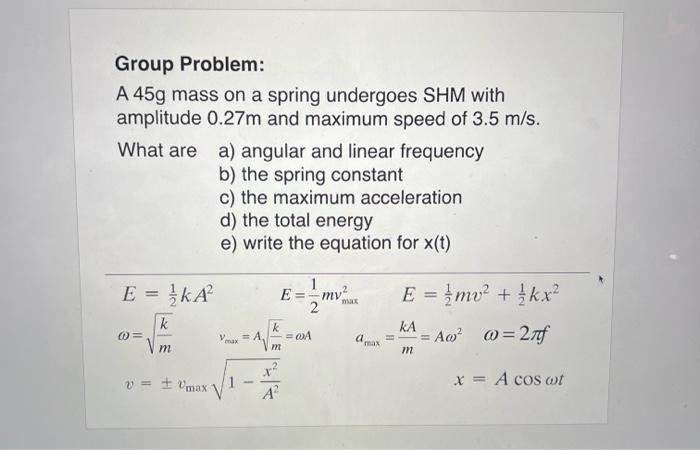 Solved Group Problem: A 45 g mass on a spring undergoes SHM | Chegg.com