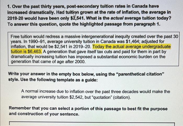 Solved 1. Over the past thirty years, post-secondary tuition | Chegg.com